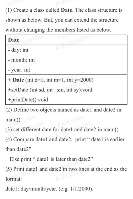Solved AYA (1) Create a class called Date. The class | Chegg.com