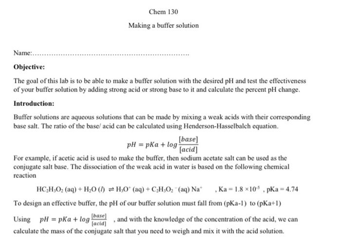 Solved Chem 130 Making a buffer solution Name:. Objective: | Chegg.com