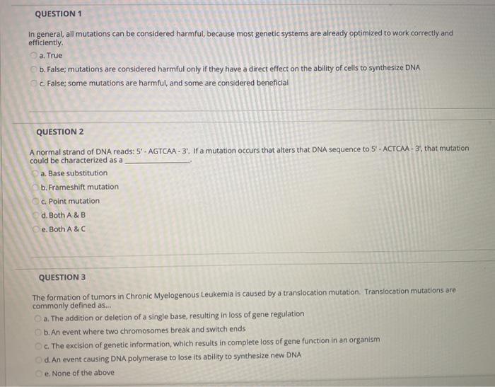 Solved QUESTION 1 In general, all mutations can be | Chegg.com