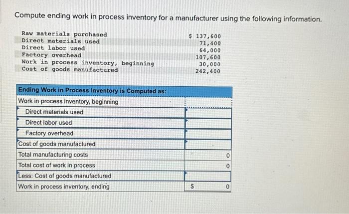Solved Compute ending work in process inventory for a | Chegg.com