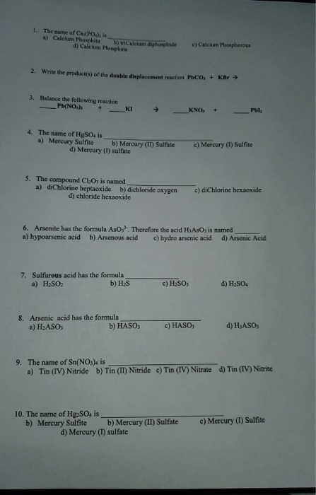Solved 1. The name of CaxPosts a) Calcium Phosphite b) | Chegg.com