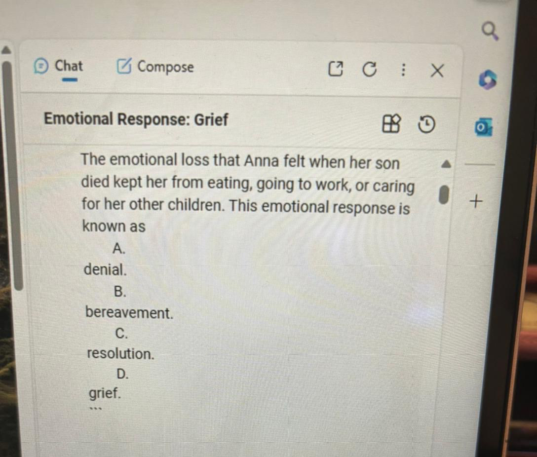 Solved ChatComposeEmotional Response: GriefThe emotional | Chegg.com