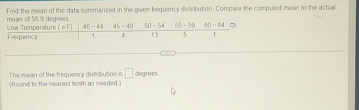 Solved Find the mean of the data summarized in the given | Chegg.com