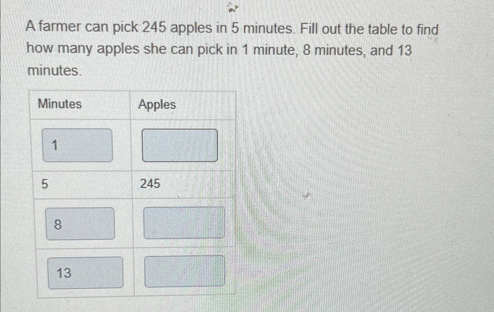 Solved A farmer can pick 245 ﻿apples in 5 ﻿minutes. Fill out | Chegg.com