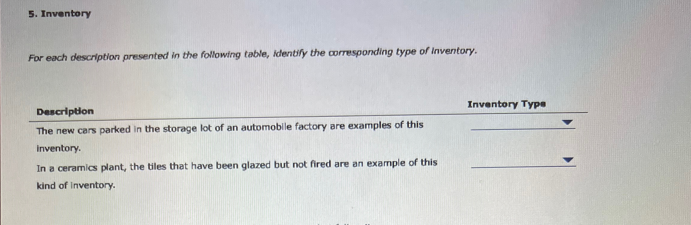 Solved InventoryFor each description presented in the | Chegg.com