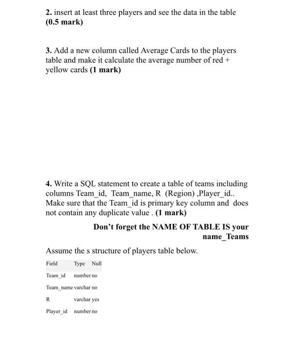 Solved 1. Write a SQL statement to create a table of players | Chegg.com