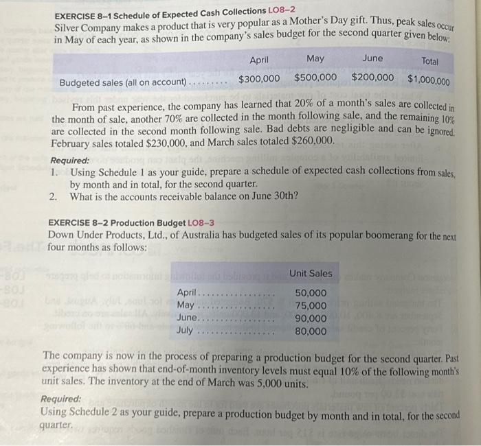 Solved EXERCISE 8-1 Schedule of Expected Cash Collections | Chegg.com