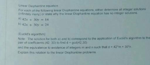 Solved Linear Diophantine equation For each of the following | Chegg.com