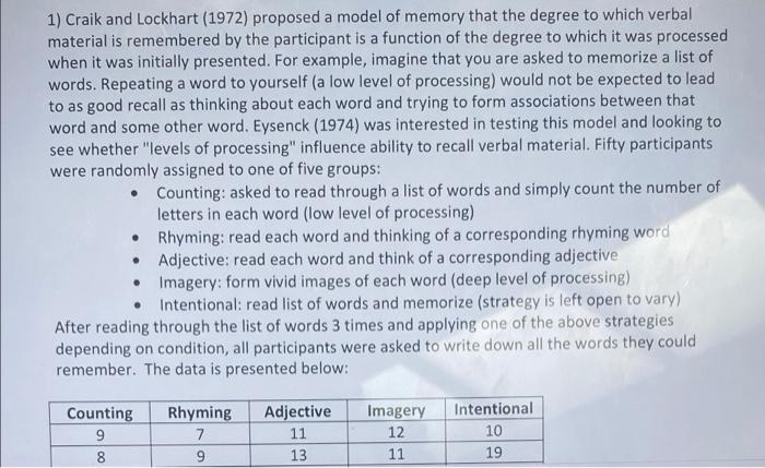 Solved 1) Craik and Lockhart (1972) proposed a model of | Chegg.com