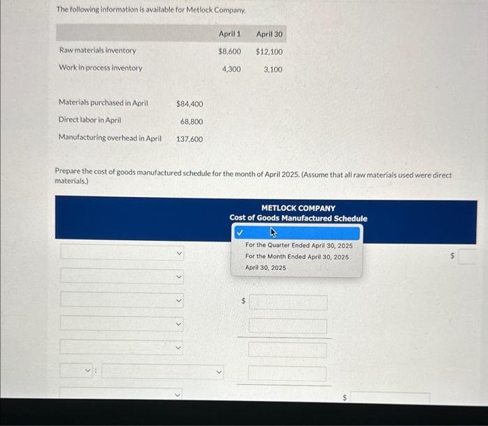 Solved The following information is available for Metlock | Chegg.com