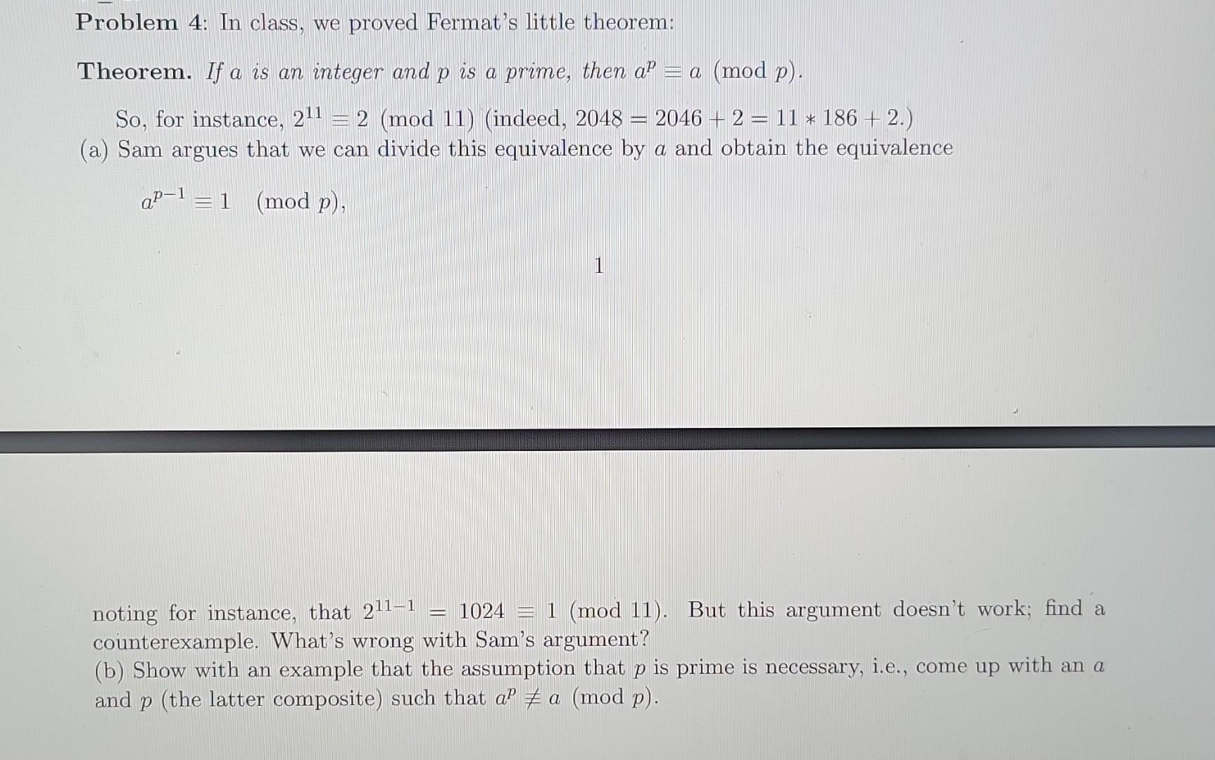 Solved Problem 4: In class, we proved Fermat's little | Chegg.com