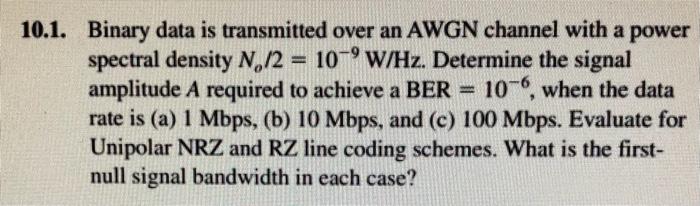 Solved 10.1. Binary data is transmitted over an AWGN channel | Chegg.com