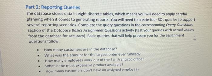 Solved Part 2: Reporting Queries The database stores data in | Chegg.com