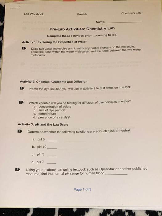 Solved Lab Workbook Pre-lab Chemistry Lab Name Pre-Lab | Chegg.com