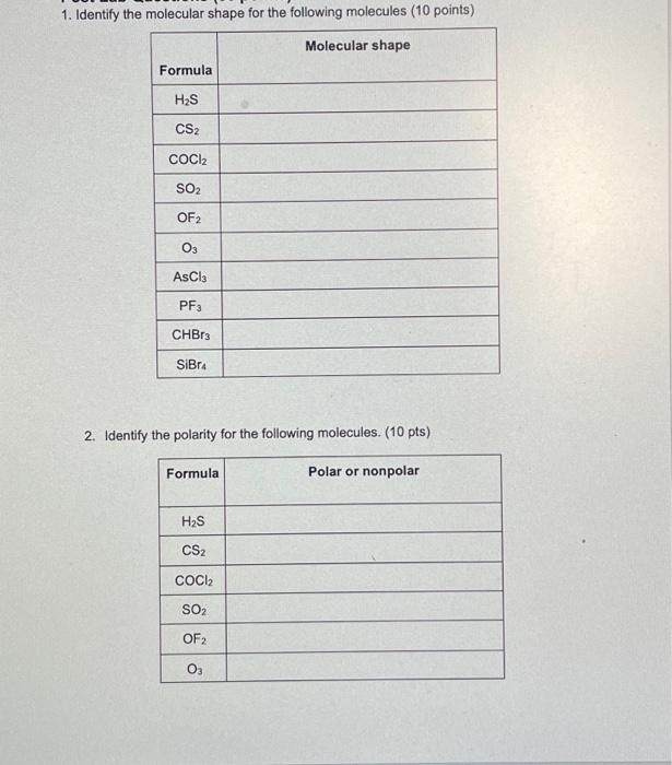 Solved 1. Identify the molecular shape for the following | Chegg.com