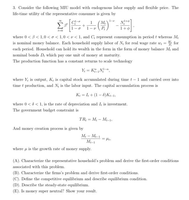 3. Consider the following MIU model with endogenous | Chegg.com