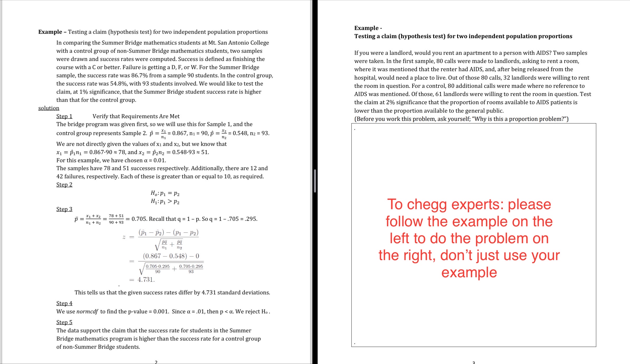 Solved Example - ﻿Testing a claim (hypothesis test) ﻿for two | Chegg.com