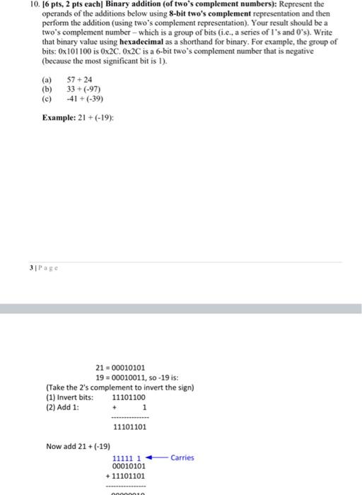 Solved 10. [6 pts, 2 pts each] Binary addition (of two's | Chegg.com