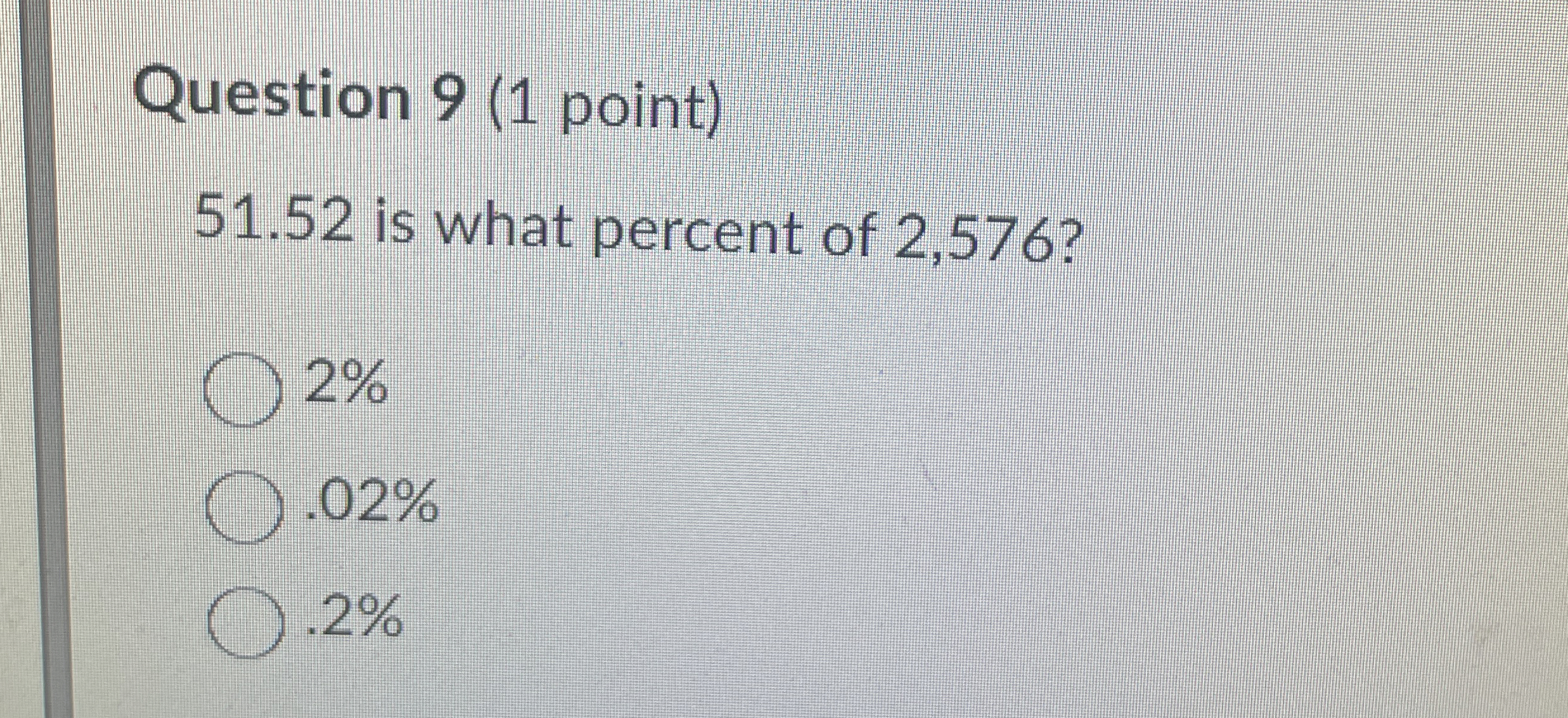 Solved Question 9 (1 ﻿point)51.52 ﻿is what percent of | Chegg.com