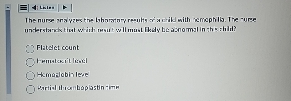 Solved ListenThe nurse analyzes the laboratory results of a | Chegg.com