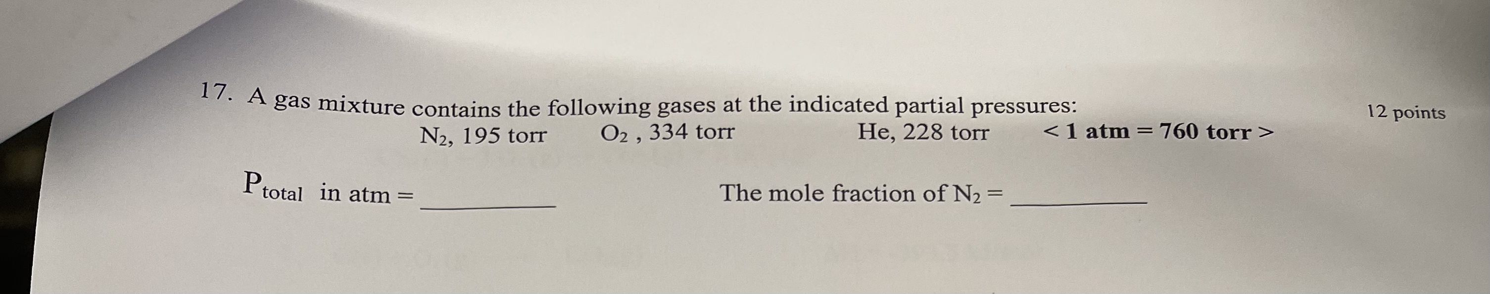 Solved A gas mixture contains the following gases at the | Chegg.com