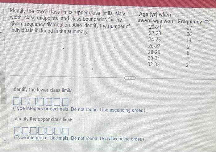 Solved Identify the lower class limits, upper class limits, | Chegg.com