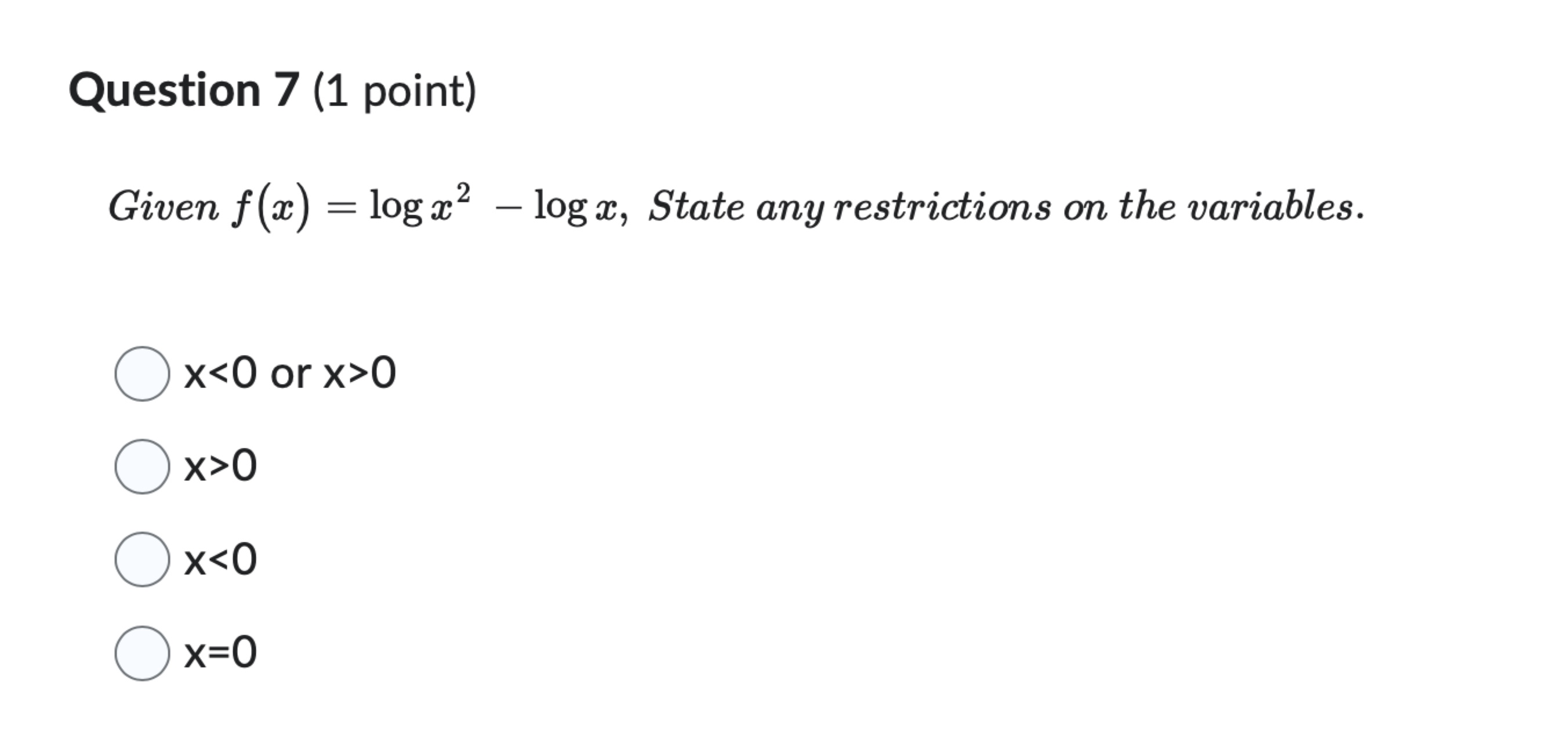 Solved Question 7 (1 ﻿point)Given f(x)=logx2-logx, ﻿State | Chegg.com