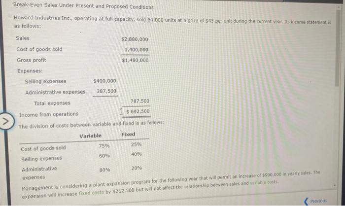Solved Break-Even Sales Under Present and Proposed | Chegg.com