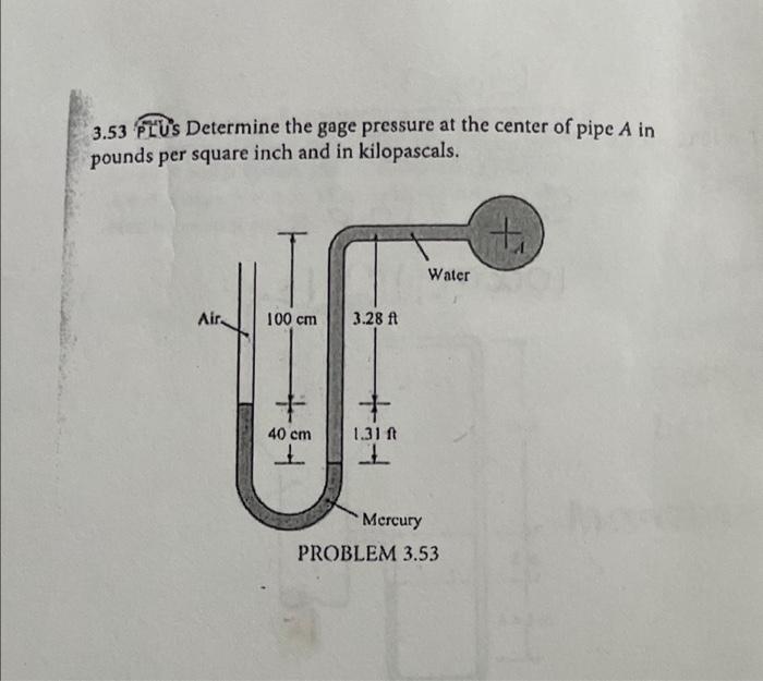 [Solved]: 3.53 PTUS Determine the gage pressure at the cente