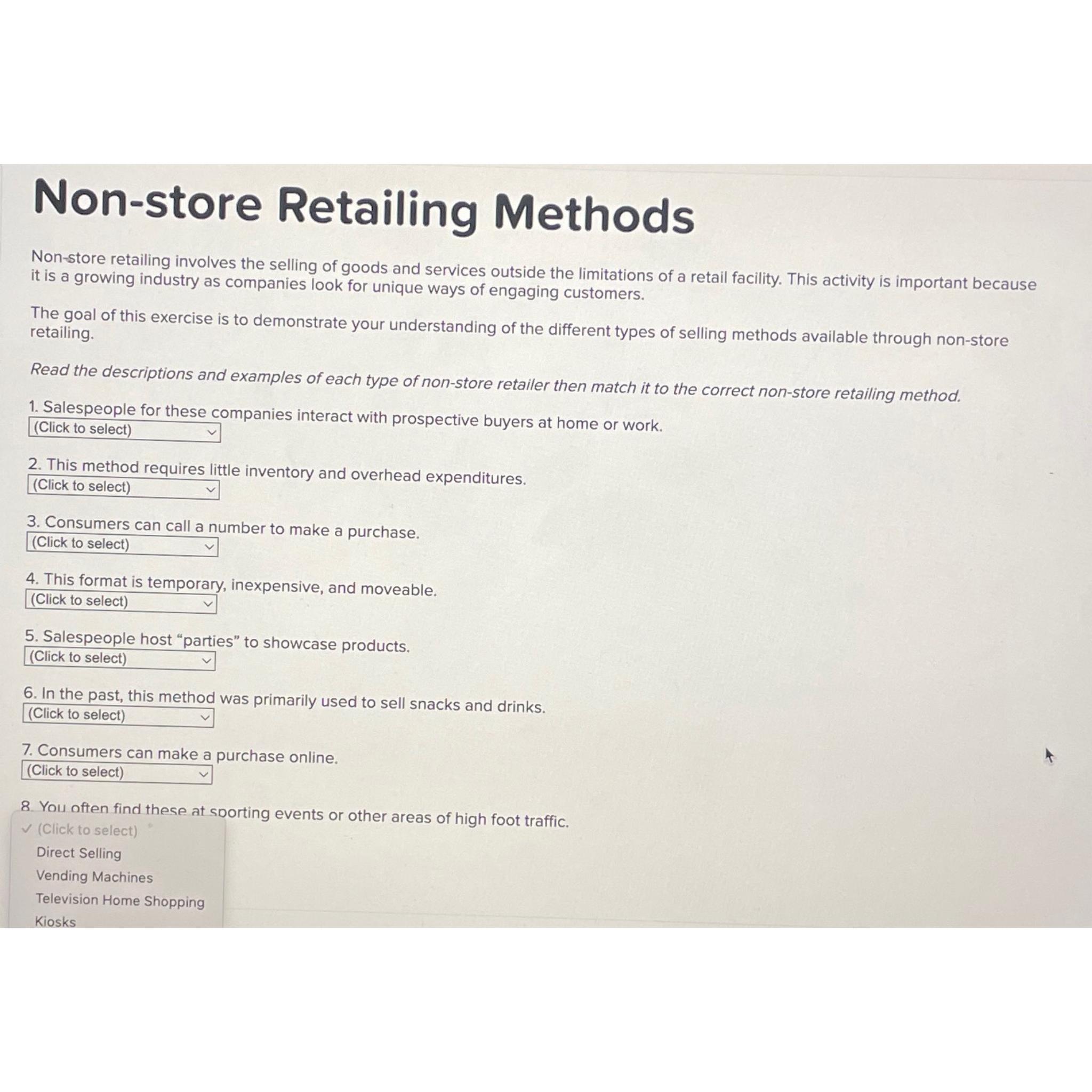 Solved Non-store Retailing MethodsNon-store retailing | Chegg.com