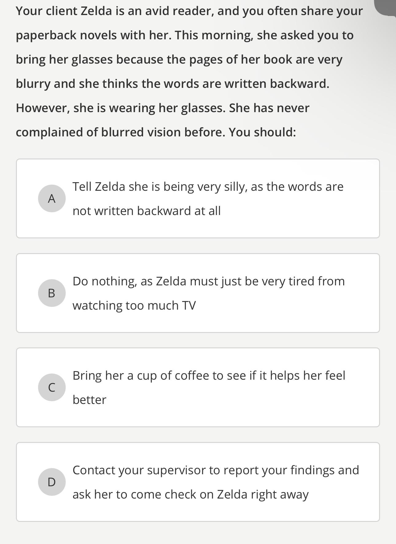 Solved Your client Zelda is an avid reader, and you often | Chegg.com