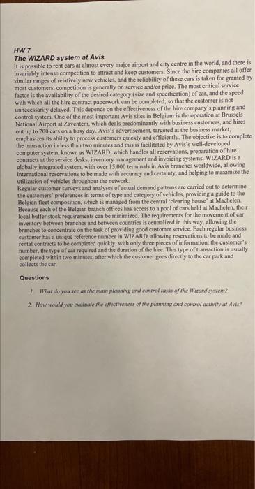 Solved HW 7 The WIZARD system at Avis It is possable to rent | Chegg.com