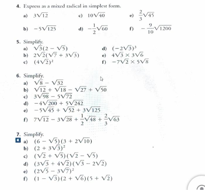 Solved 4. Express as a mixed radical in simplest form. a) | Chegg.com