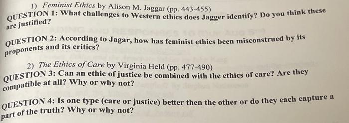 1) Feminist Ethics by Alison M. Jaggar (pp. 443-455) | Chegg.com