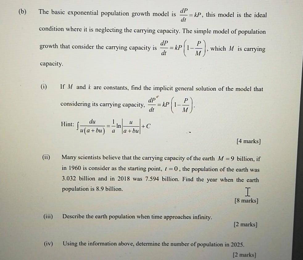 Solved (b) The basic exponential population growth model is | Chegg.com
