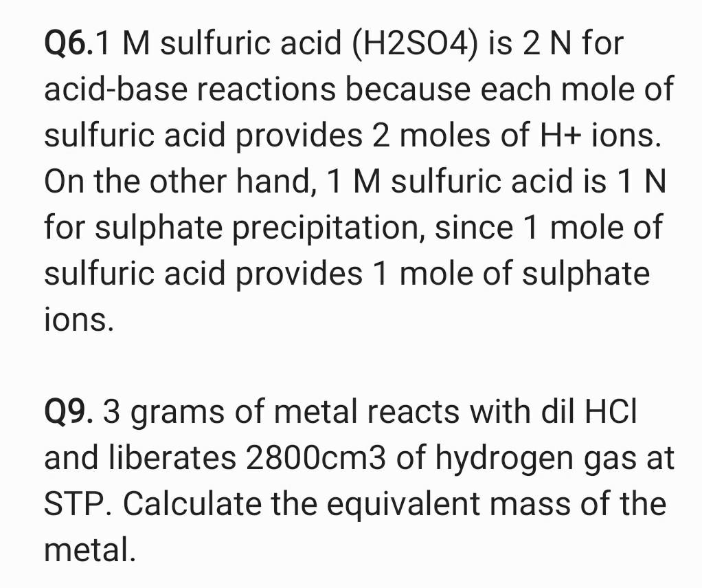 Solved Q6.1 M sulfuric acid (H2S04) is 2 N for acid-base | Chegg.com