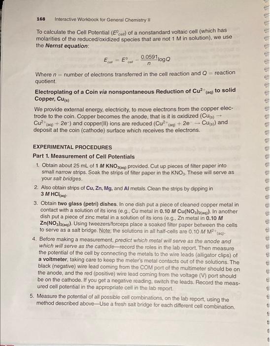 Solved 170 ELECTROCHEMICAL CELLS LAB 7 REPORT Name: Date: | Chegg.com