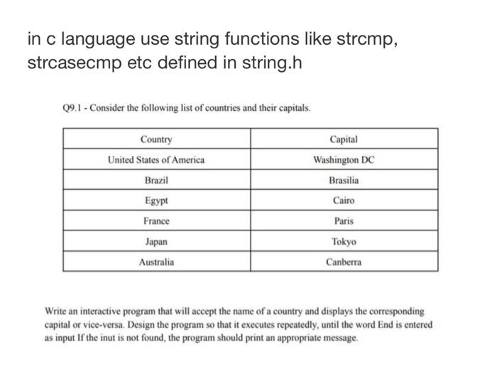 Solved in c language use string functions like strcmp, | Chegg.com