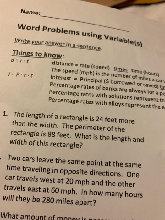 Solved Name Word Problems Using Variables Write Your 
