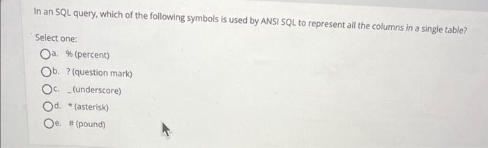 Solved In an SQL query, which of the following symbols is | Chegg.com