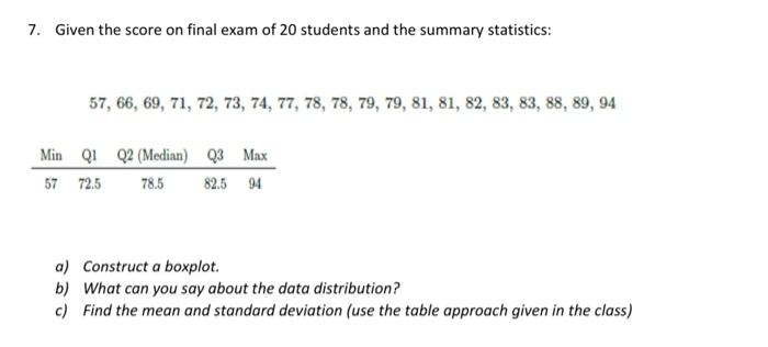 Solved 7. Given the score on final exam of 20 students and | Chegg.com