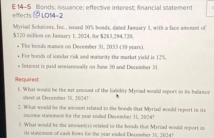 Solved E 14-5 Bonds; issuance; effective interest; financial | Chegg.com