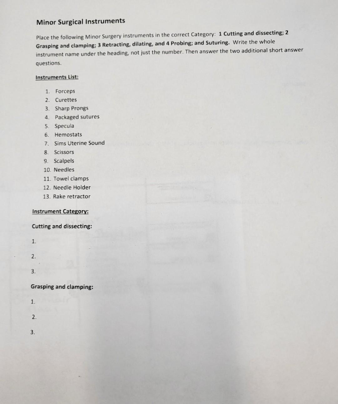 Solved Minor Surgical Instruments Place the following Minor | Chegg.com