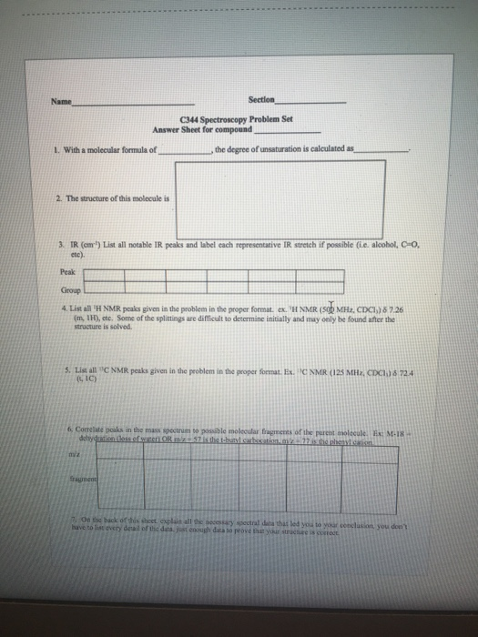 Solved Section C344 Spectroscopy Problem Set Answer Sheet | Chegg.com