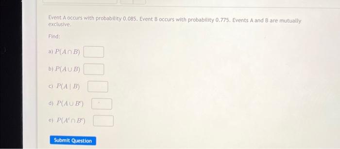 Solved Event A occurs with probability 0.085. Event B occurs | Chegg.com
