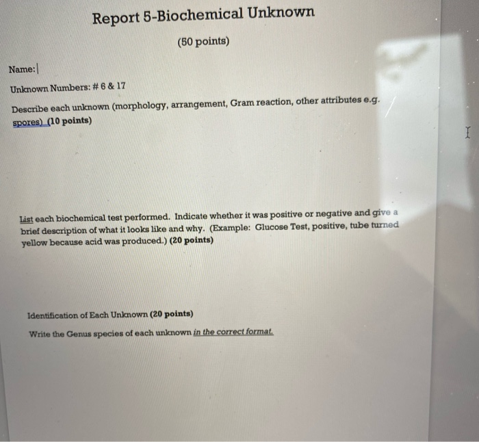 Solved Report 5-Biochemical Unknown (50 points) Name: | Chegg.com
