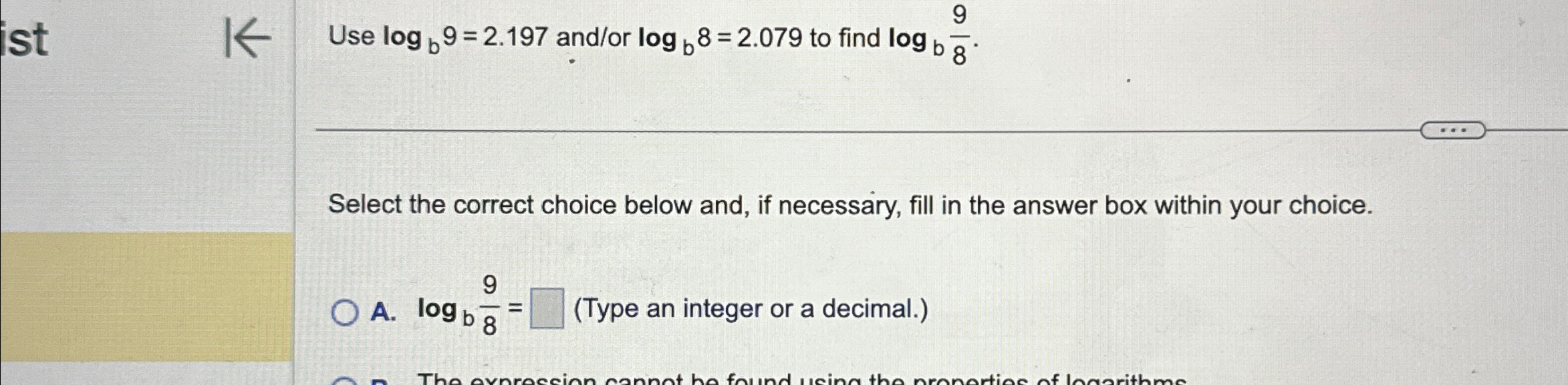 Solved ISt ,1larr, Use logb9=2.197 ﻿and/or logb8=2.079 ﻿to | Chegg.com