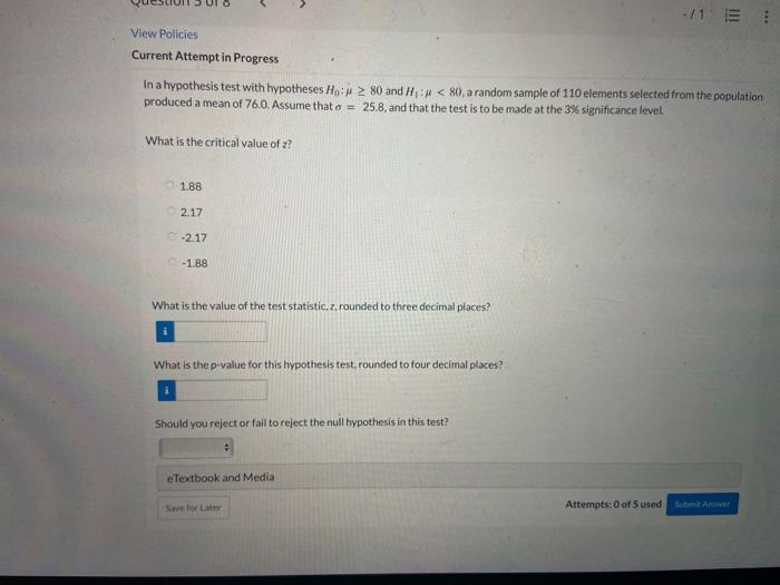 In a hypothesis test with hypotheses H0;μ≥80 and | Chegg.com
