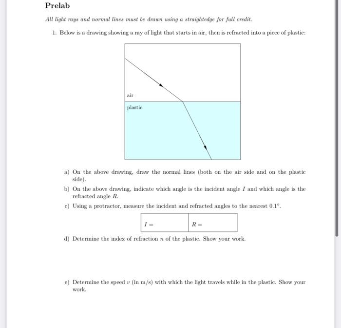 Solved Prelab All light rays and normal lines must be drawn | Chegg.com