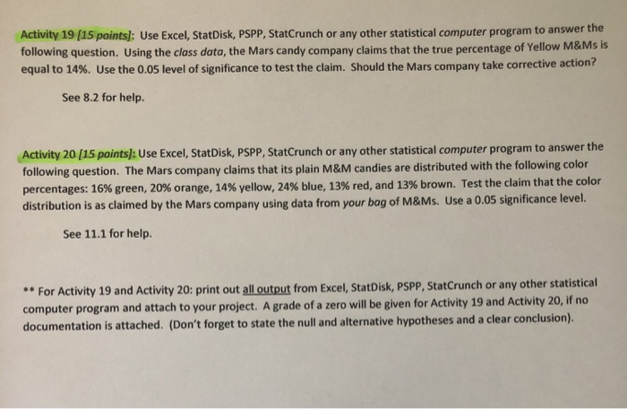 Solved Activity 19 (15 points): Use Excel, StatDisk, PSPP, | Chegg.com